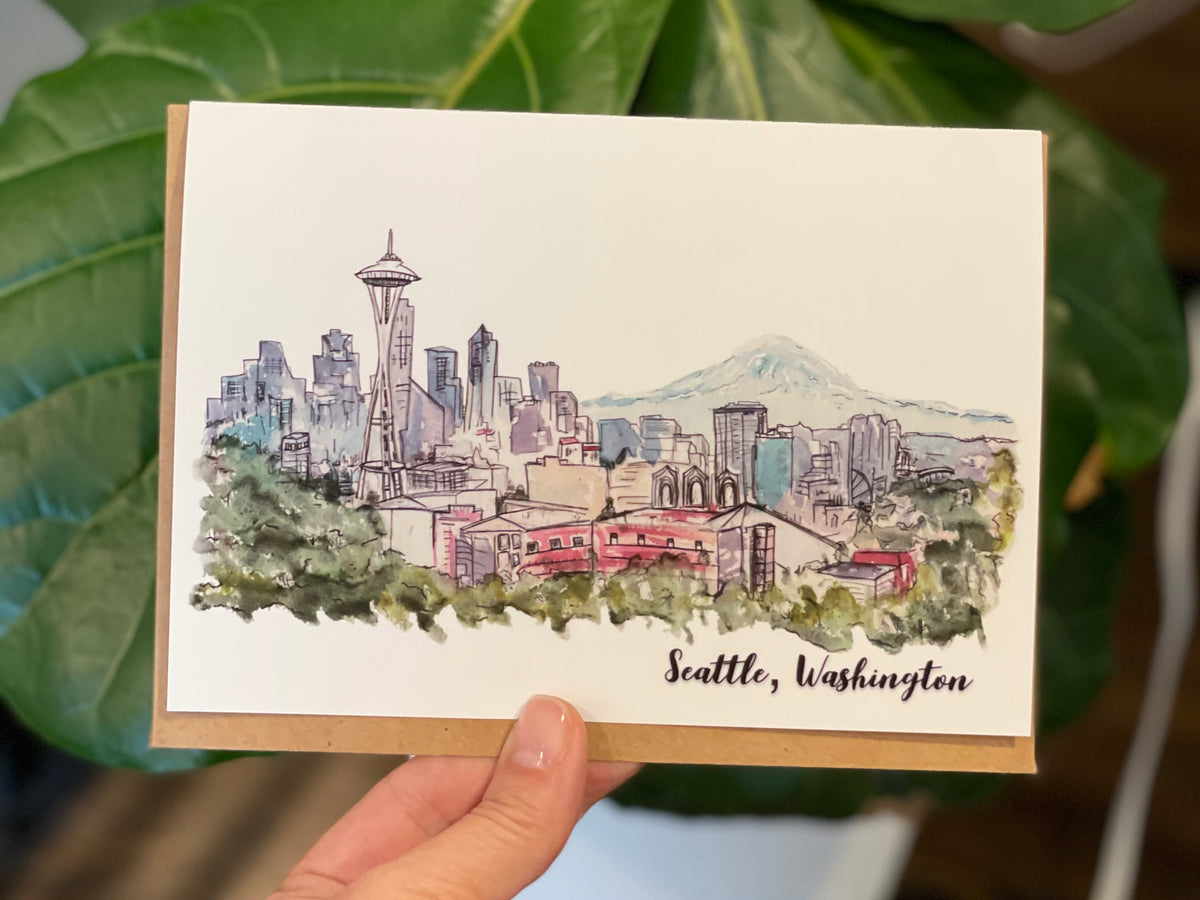 Seattle, Washington Skyline- A7 Greeting Card/ 5x7 Art Print – Aqua Hue ...