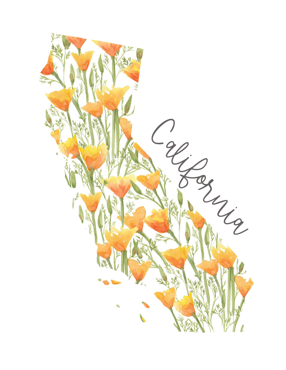 California Map with CA Poppies Art Print- State Flower Poppy – Aqua Hue ...