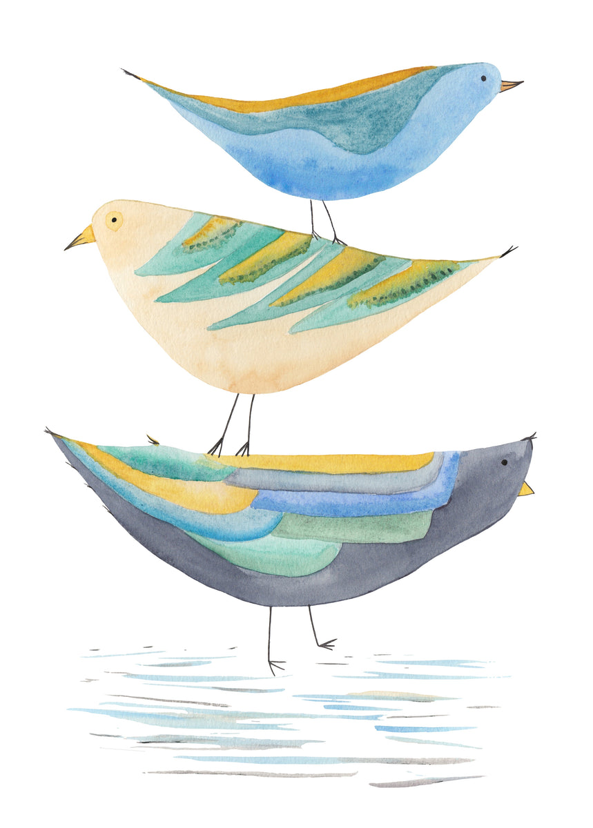 Stack of Birds, 3 Mid Mod Style Birds- Giclee Art Print – Aqua Hue ...
