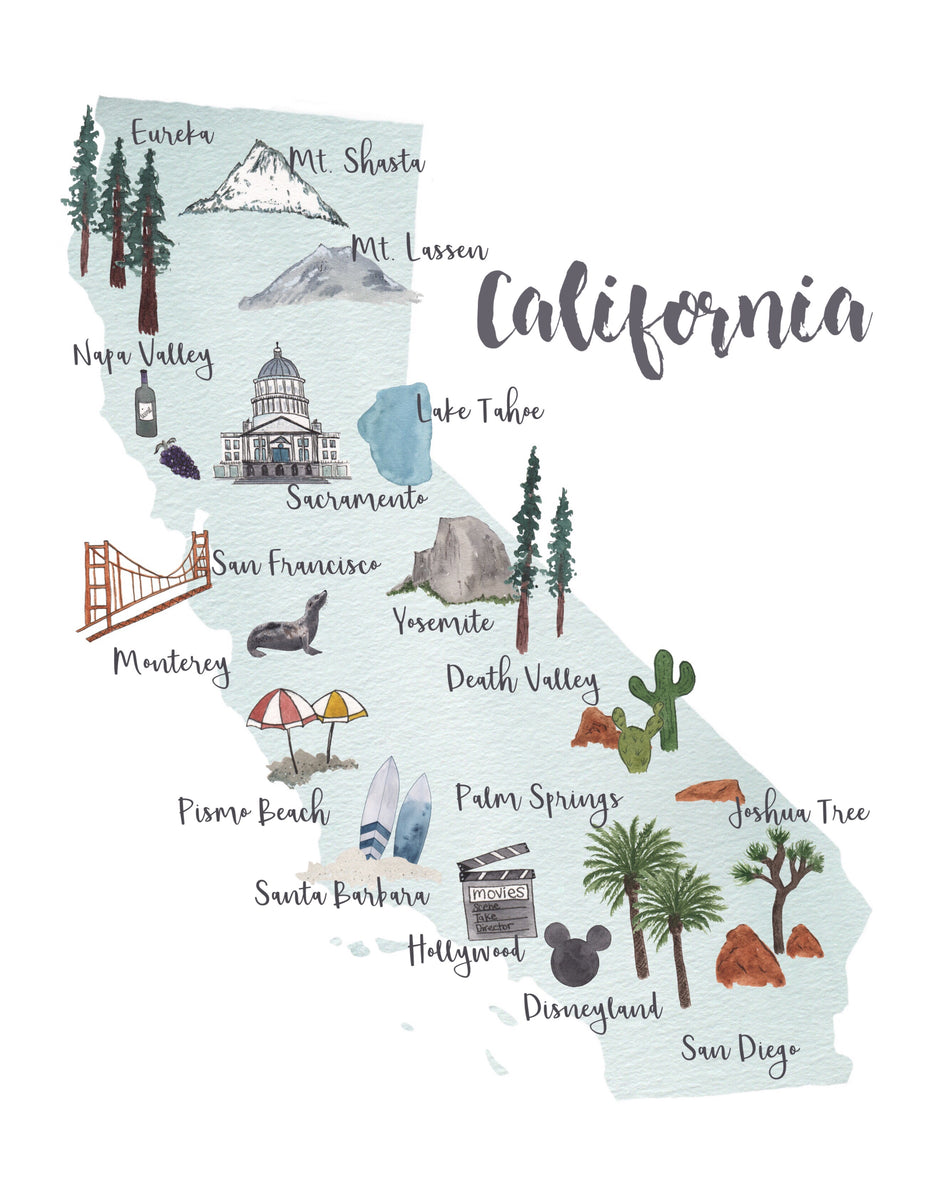 Retro California Picture Map with Landmarks Art Print – Aqua Hue ...
